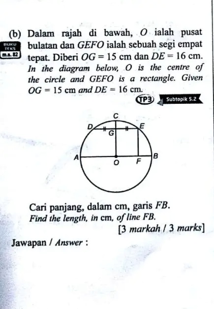 SOLVED: In the diagram below, O is the centre of the circle and GEFO is a rectangle. Given OG ...