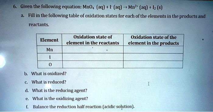SOLVED:Given the following equation: MnO4 (aq) + [ (aq) Mn?+ (aq) Iz (s ...