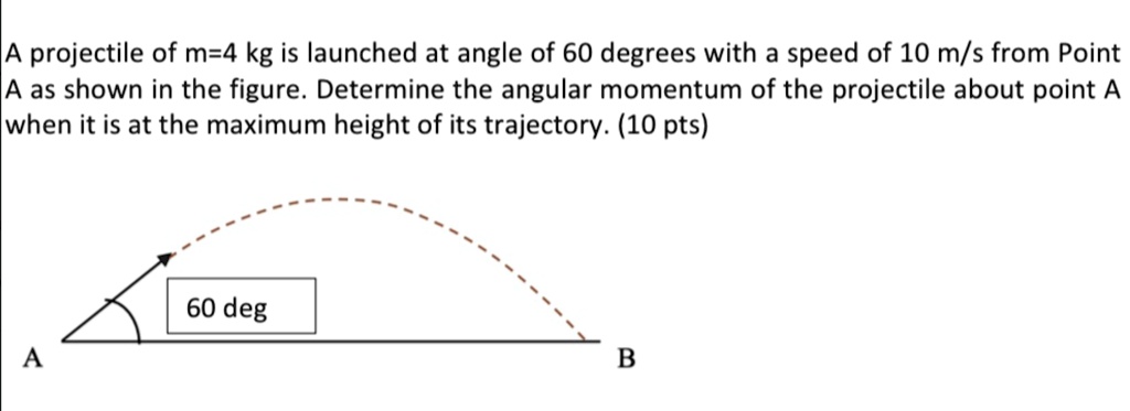 projectile of m=4 kg is launched at angle of 60 degrees with speed of 10 m/s from Point A as ...