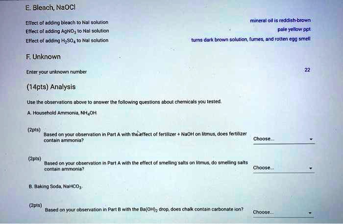 SOLVED: E Bleach; NaOCl Efficiency of adding bleach to NaCl solution Efficiency of adding AgNO3 ...