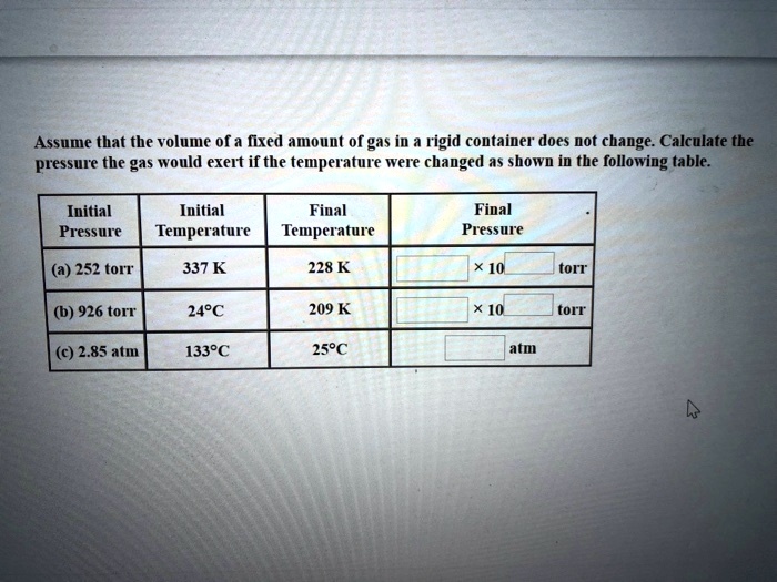 SOLVED: Assume that the volume of a fixed amount of gas in a rigid ... SOLVED: Assume that the volume of a fixed amount of gas in a rigid ...