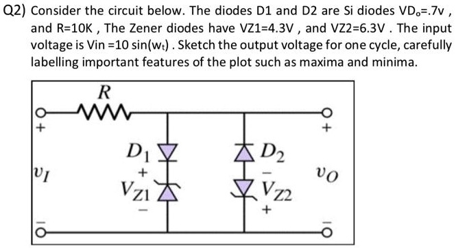 SOLVED: Q2) Consider the circuit below. The diodes D1 and D2 are Si diodes with VD = 0.7V and R ...