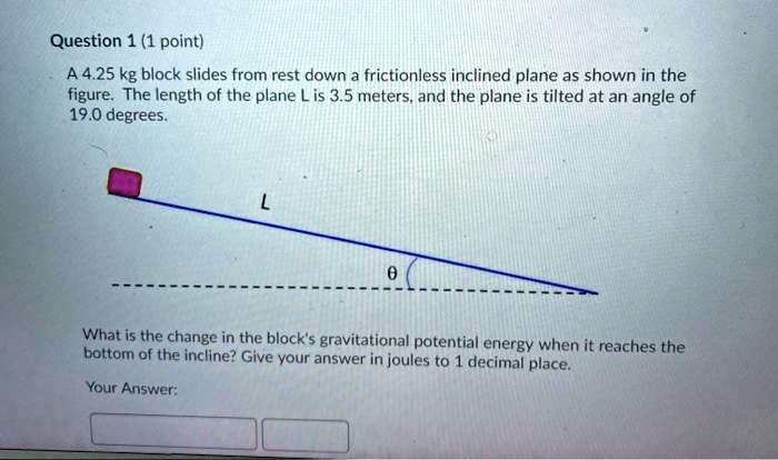 SOLVED: Question 1 (1 point) A4.25 kg block slides from rest down a frictionless inclined plane ...