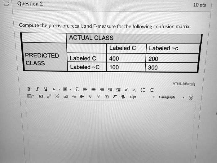 VIDEO solution: Compute the precision, recall, and F-measure for the following confusion matrix ...
