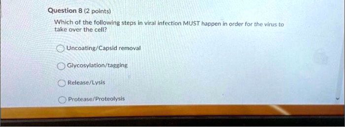 SOLVED: Question 8 (2 points) Which of the following steps in viral ... SOLVED: Question 8 (2 points) Which of the following steps in viral ...