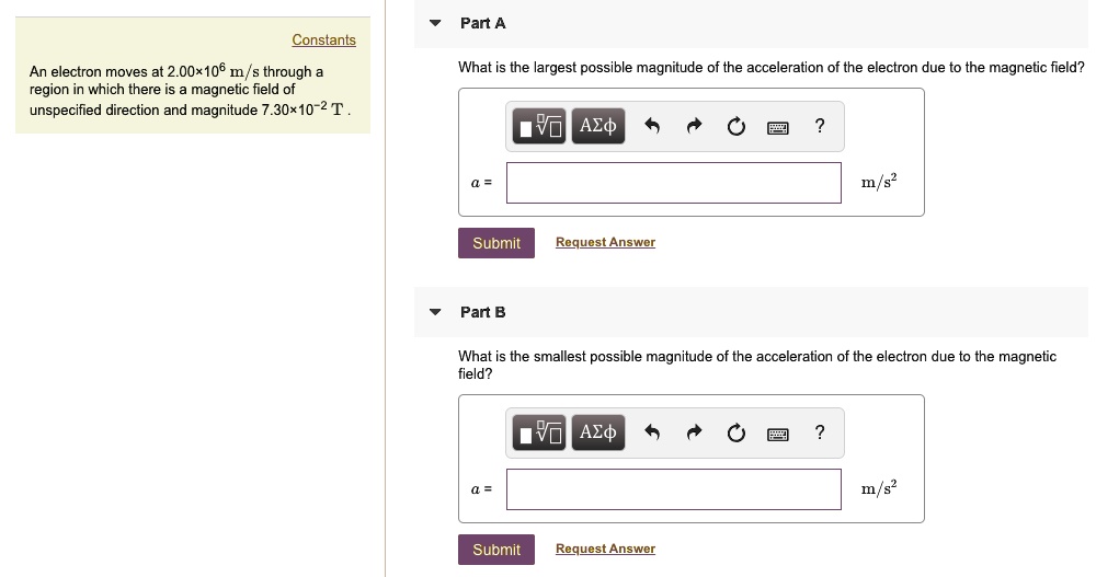 Part A Constants An electron moves at 2.00×10^6 m/s through a region in which there is a ...