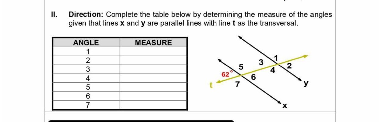 SOLVED: II. Direction: Complete the table below by determining the measure of the angles given ...