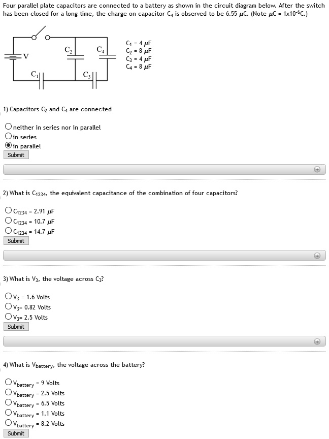 SOLVED: Four parallel plate capacitors are connected to battery shown in the circuit diagram ...