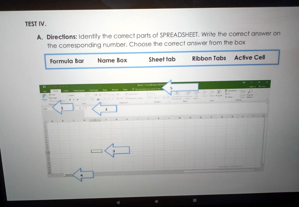 SOLVED: A. Directions: Identify the correct parts of a SPREADSHEET. Write the correct answer on ...