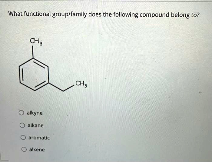 SOLVED: What functional group/family does the following compound belong ...