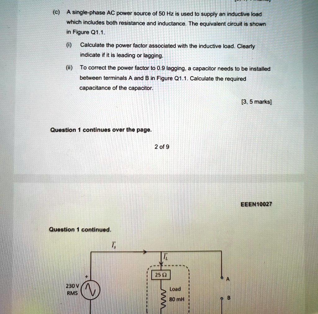 c a single phase ac power source of 50hz is used to supply an inductive ...