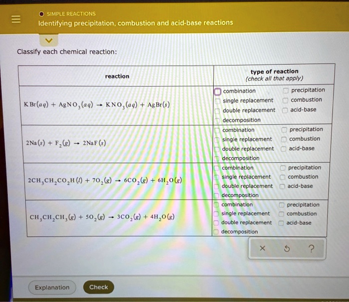 Solved Text Simple Reactions Identifying Precipitation Combustion And Acid Base Reactions