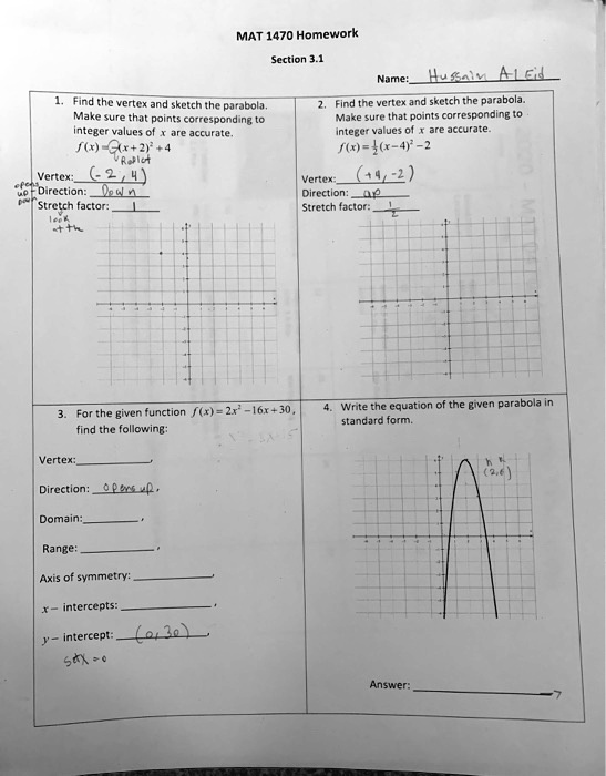 SOLVED: MAT 1470 Homework Section 3.1 In this assignment, we will find the vertex and sketch the ...