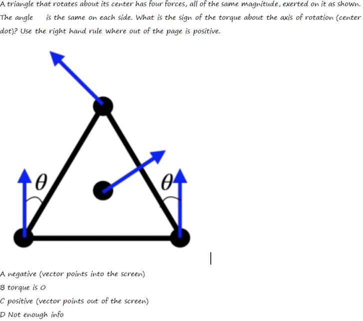SOLVED: A triangle that rotates about its center has four forces, all ...