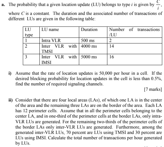 [GET ANSWER] a the probability that a given location update lu belongs ...