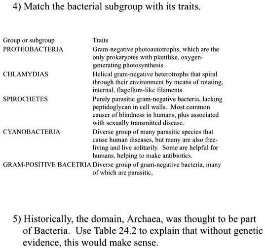 SOLVED: 4) Match the bacterial subgroup with its traits Group or ...
