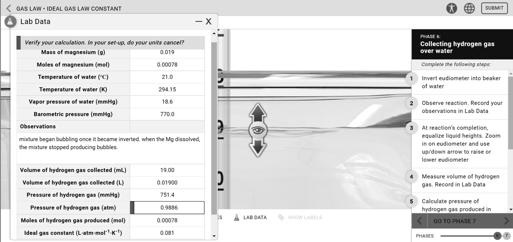 GAS LAW ·IDEAL GAS LAW CONSTANT Lab Data Verify your calculation. In ...