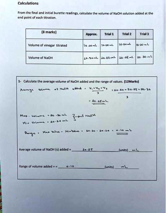 SOLVED: Calculations Ftom the final and initial burette readings calculate the volume of Naoh ...