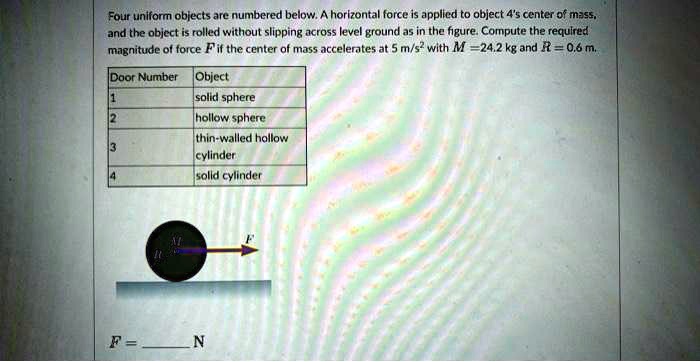 four uniform oblects are numbered below horlzontal force applied to object 45 center of mass and ...