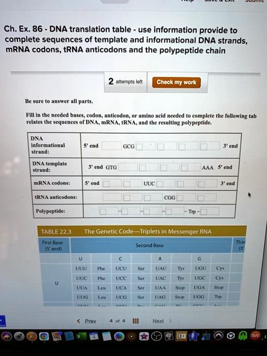 SOLVED: Ch: Ex. 86 DNA translation table - Use information provided to complete sequences of ...