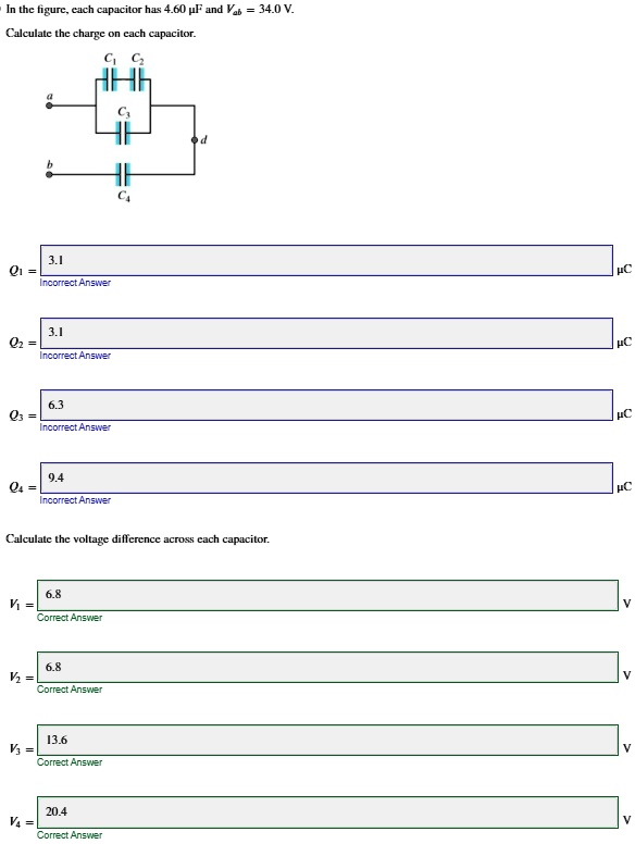in the figure each capacitor has 460 f and vab 340 v calculate the charge on each capacitor ...