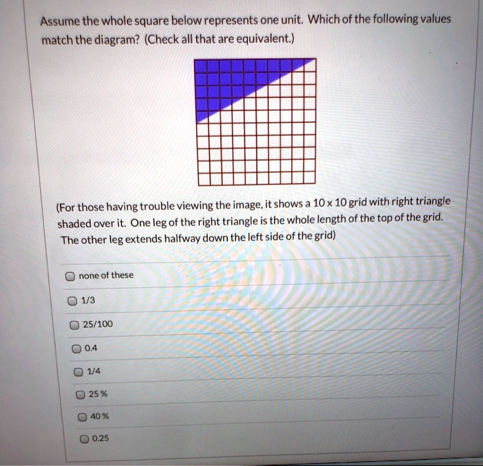SOLVED: Assume the whole square below represents one unit: Which of the following values match ...
