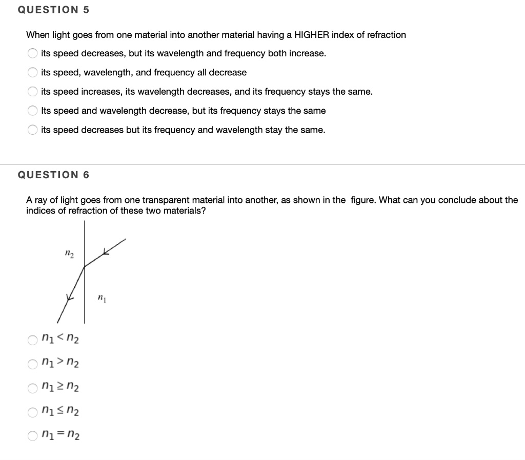 SOLVED: QUESTION When light goes from one material into another material having a HIGHER index ...