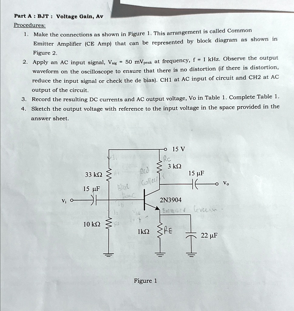 SOLVED: Part A: BJT: Voltage Gain, Av Procedures: Make the connections as shown in Figure 1 ...