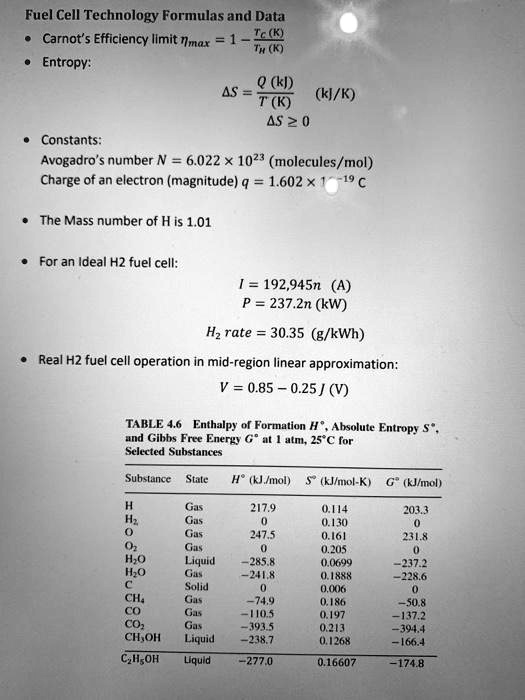SOLVED: Fuel Cell Technology Formulas and Data Carnot's Efficiency ...