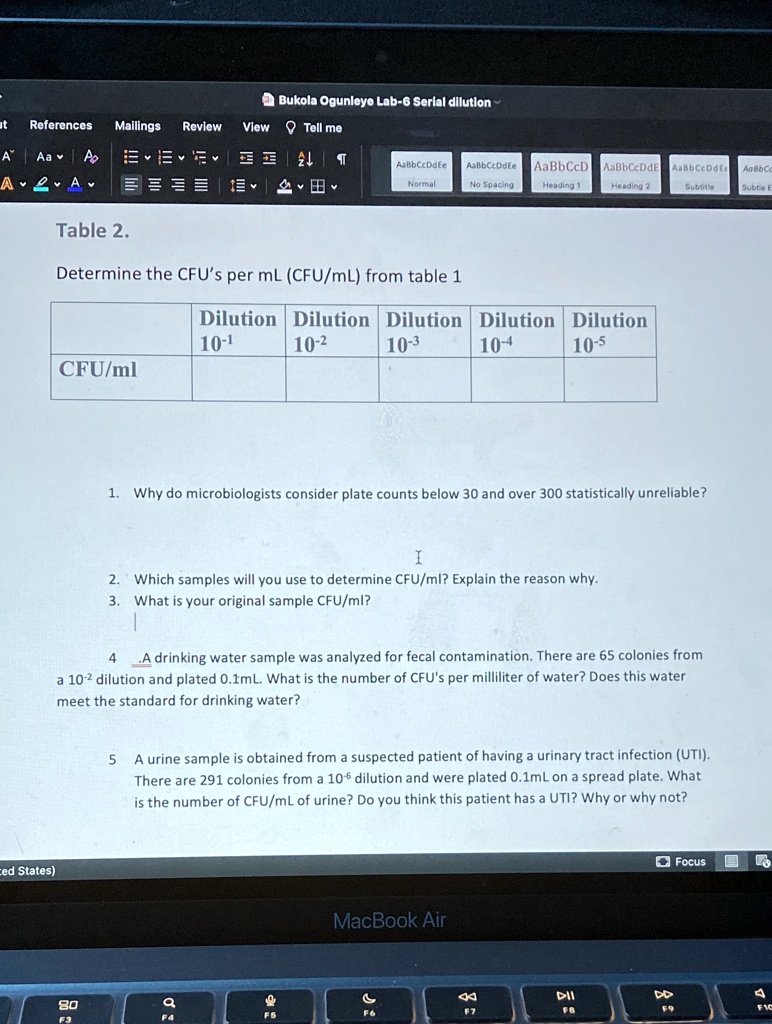 SOLVED: Bukola Ogunleyo Lab-0 Serial Dilution References Mallings Review View Tell me Aa 2v A 62 ...
