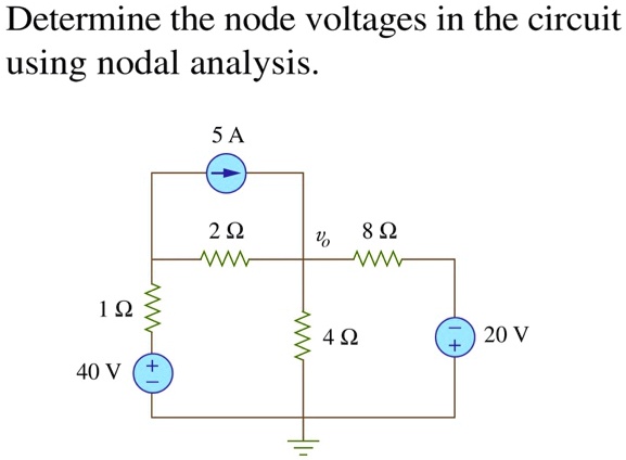 SOLVED: Determine the node voltages in the circuit using nodal analysis. 5A 20 Vo 8 Q 10 49 20V 40V