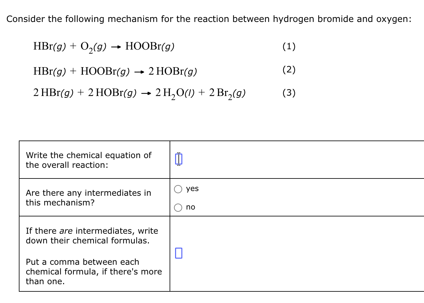 Consider the following mechanism for the reaction between hydrogen bromide and oxygen: HBr(g)+O2 ...
