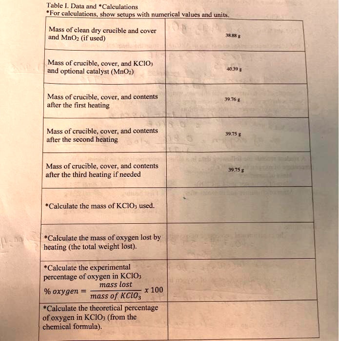 SOLVED: Table Data and *Calculations 'For culculations_show setups with ...