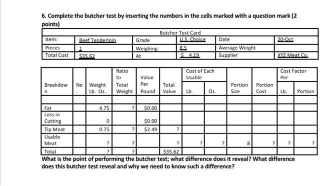 SOLVED: 6. Complete the butcher test by inserting the numbers in the ...
