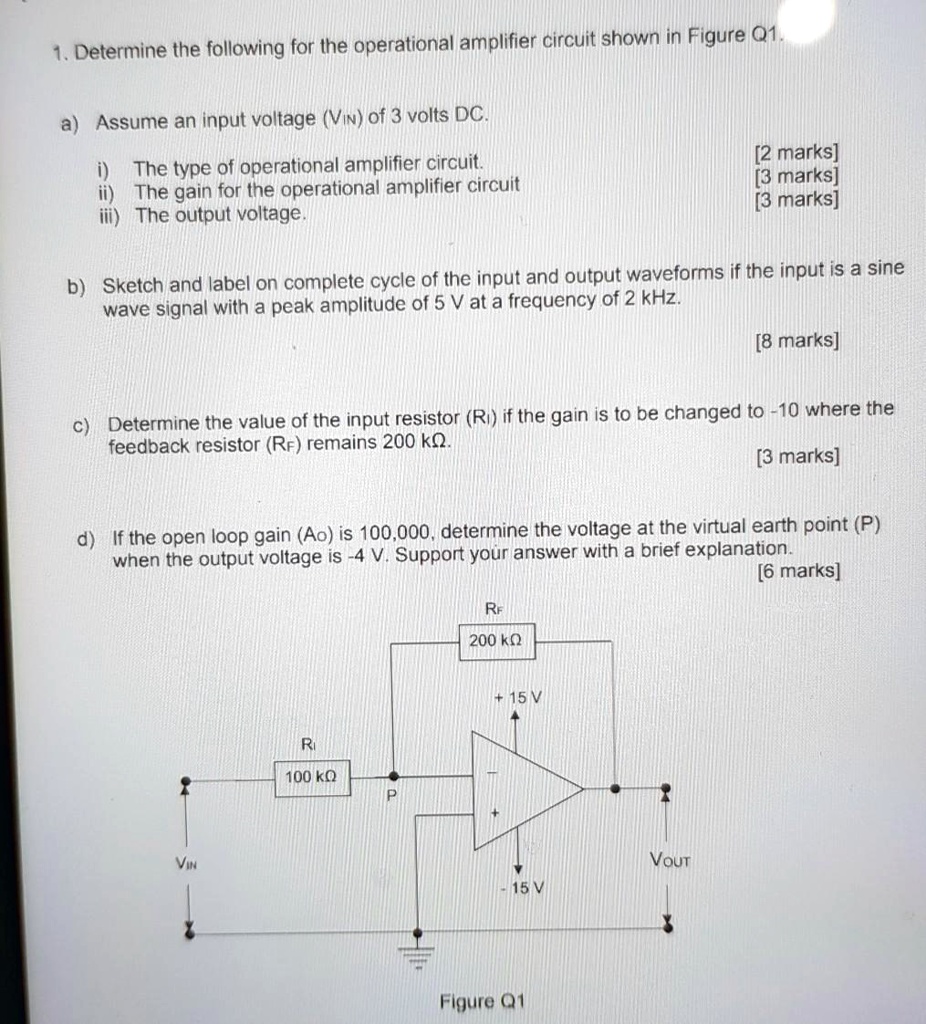 SOLVED: Determine the following for the operational amplifier circuit shown in Figure Q1: a ...