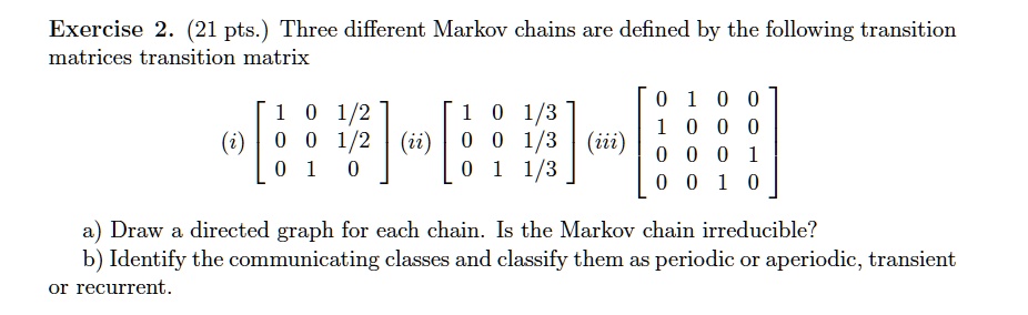 SOLVED: Exercise (21 pts Three different Markov chains are defined by the following transition ...