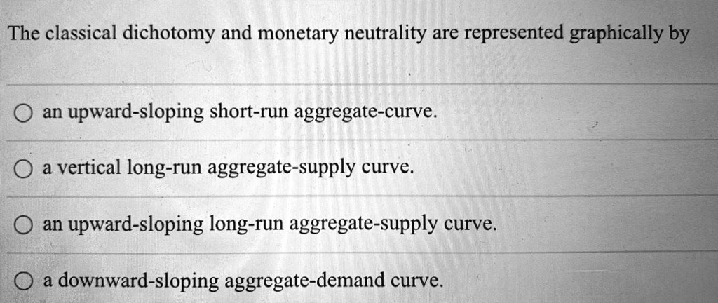 The classical dichotomy and monetary neutrality are represented graphically by ? an upward ...