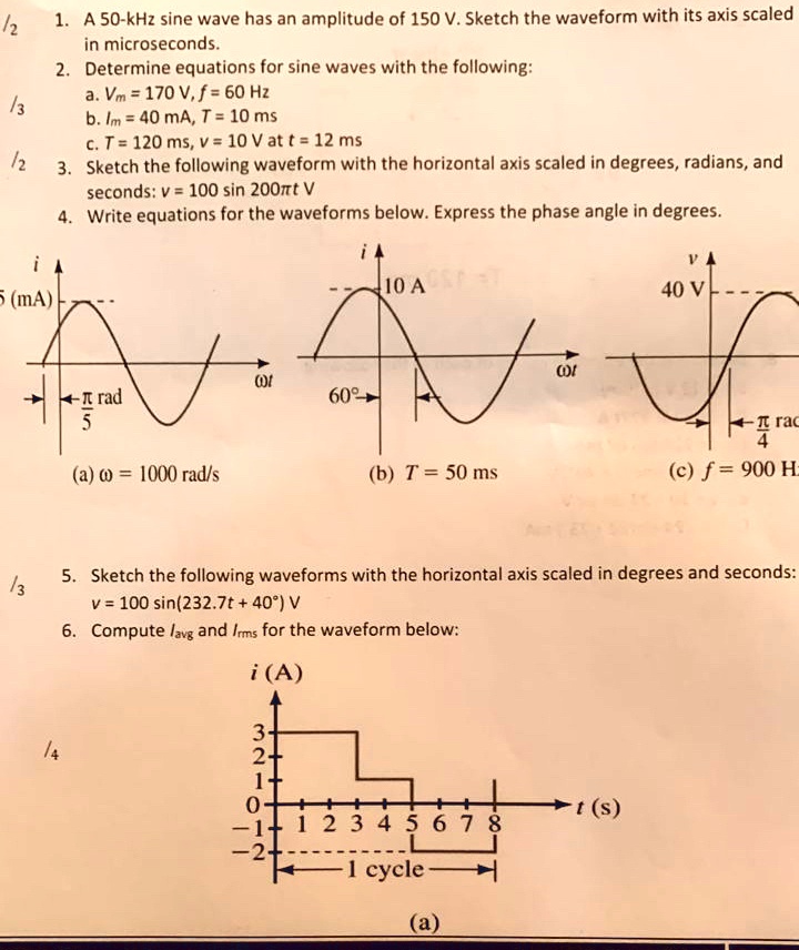 1. A 50-kHz sine wave has an amplitude of 150 V. Sketch the waveform with its axis scaled in ...