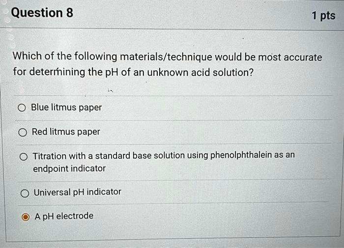Question 8 1 pts Which of the following materials/technique would be ...