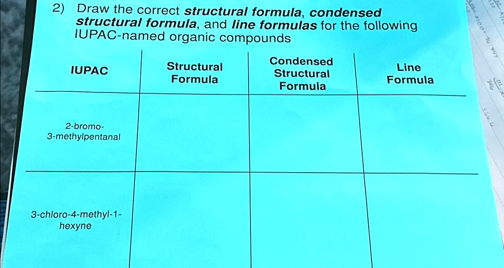 2) Draw the correct structural formula, condensed structural formula, and line formulas for the ...