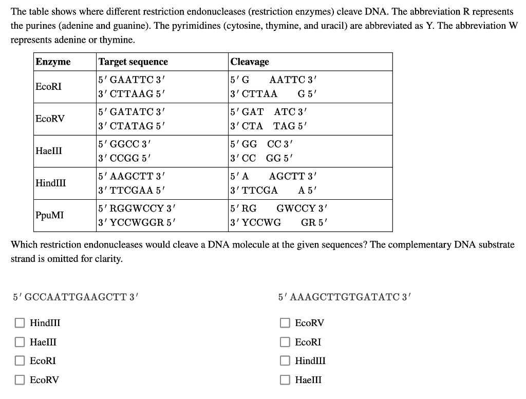 SOLVED: The table shows where different restriction endonucleases (restriction enzymes) cleave ...
