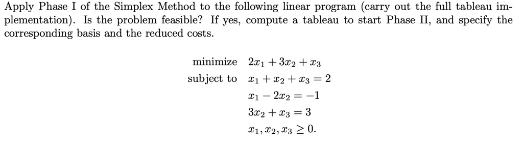 SOLVED:Apply Phase I of the Simplex Method to the following linear ...