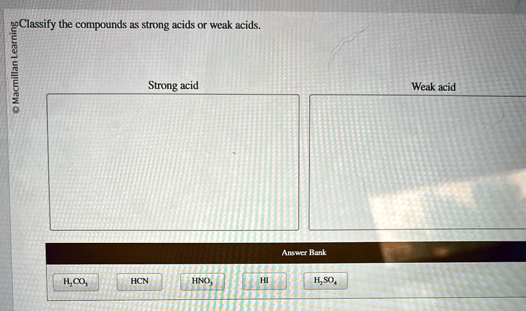 classify the compounds as strong acids or weak acids strong acid h2co3 hcn hno3 hi answer bank ...