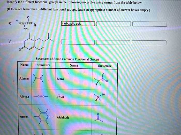 Text: Identify the different functional groups in the following molecules using names from the ...