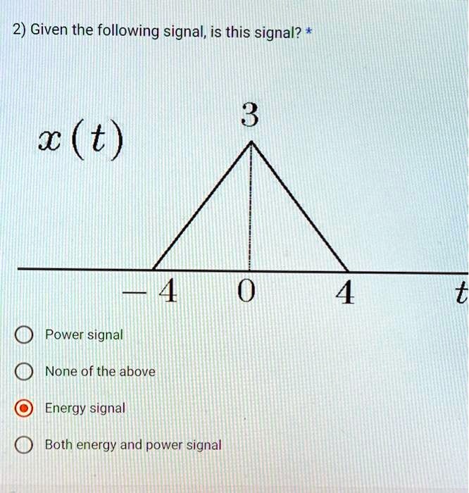 2) Given the following signal, is this signal? * x(t) 3 -4 0 4 t Power signal None of the above ...