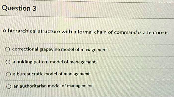 SOLVED: Question 3 A hierarchical structure with a formal chain of ...
