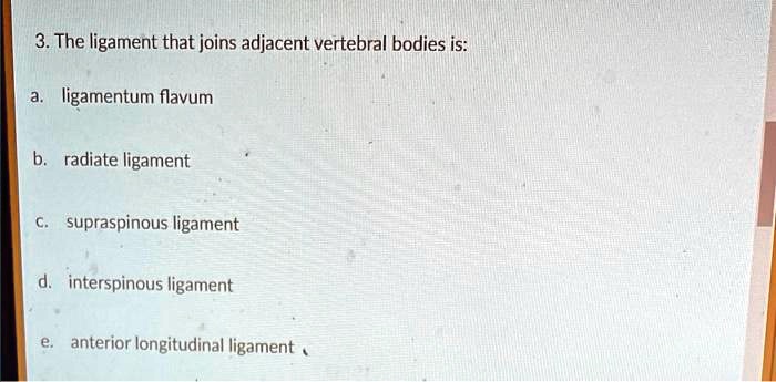 The ligament that joins adjacent vertebral bodies is: ligamentum flavum ...