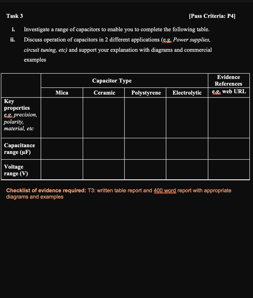 Task 3 [Pass Criteria: P4] i. Investigate a range of capacitors to enable you to complete the ...