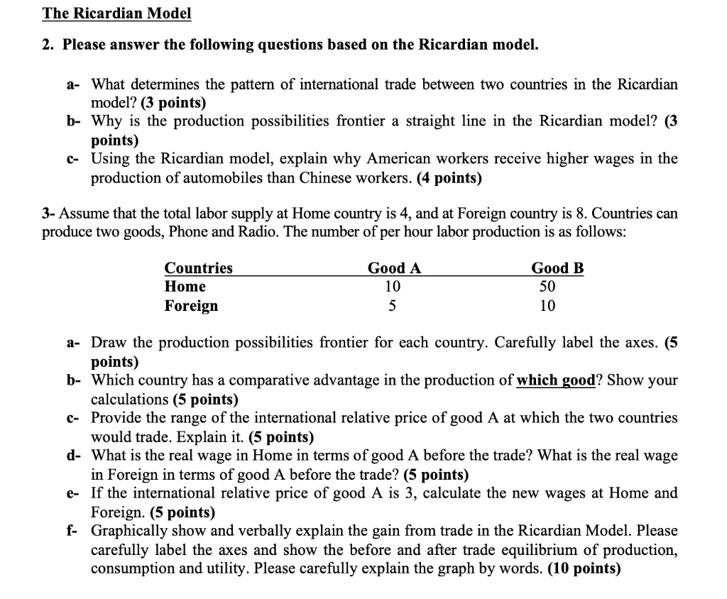 SOLVED: The Ricardian Model 2. Please answer the following questions ...