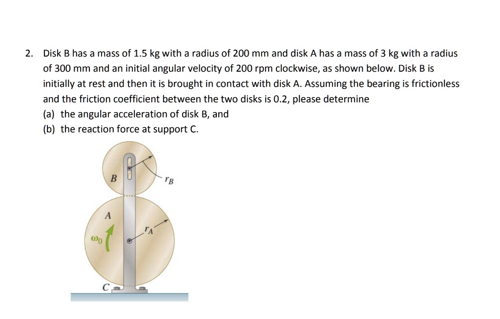 SOLVED: Disk B has a mass of 1.5 kg with a radius of 200 mm and disk A has a mass of 3 kg with a ...